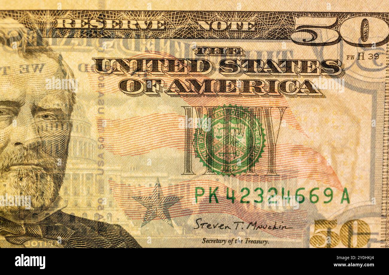 Details of American money close-up, details of an American fifty dollar ...