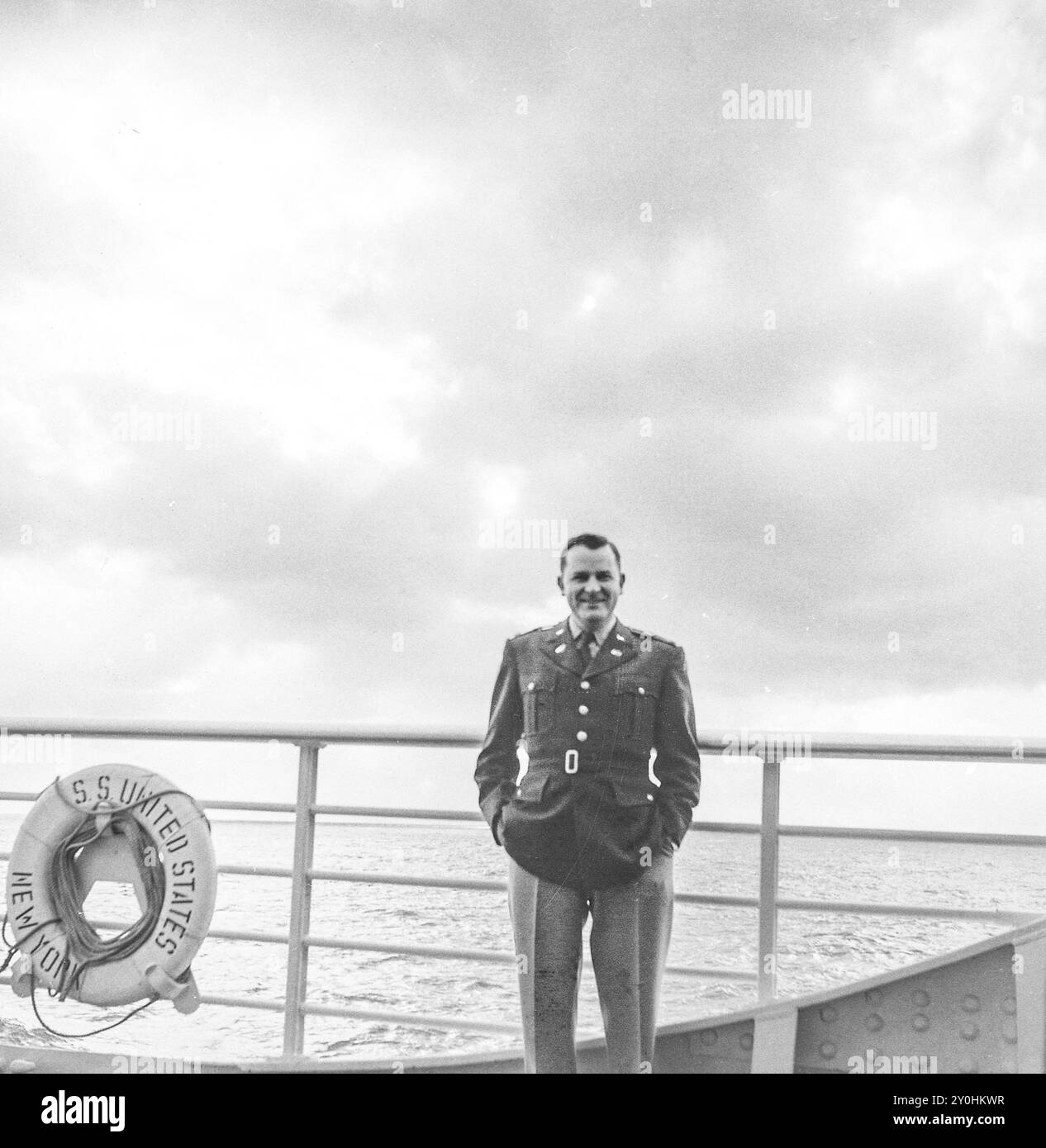 US Army officer in uniform on the deck of the SS United States cruise ...