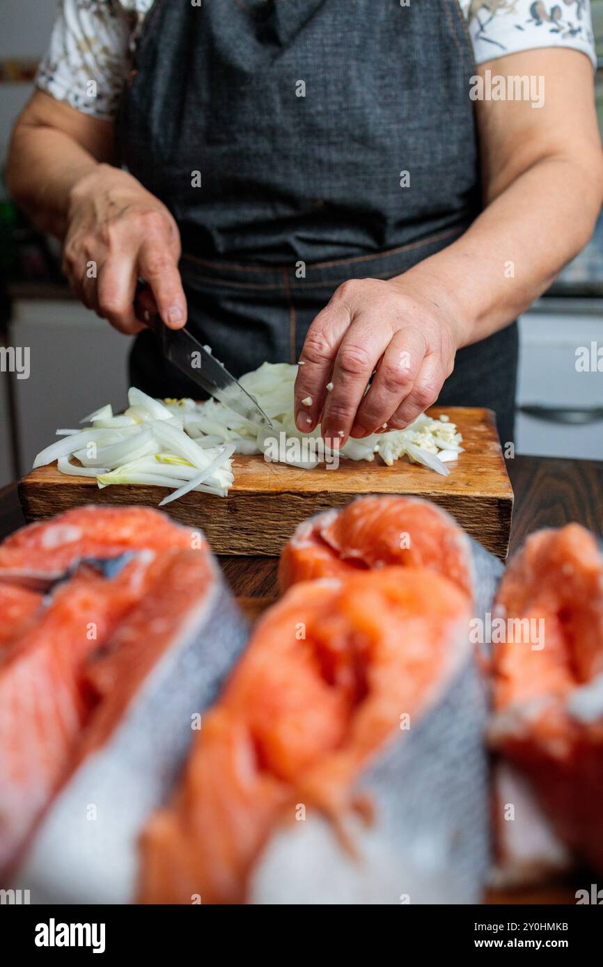 Chopping fresh salmon fillets cooking hi-res stock photography and ...