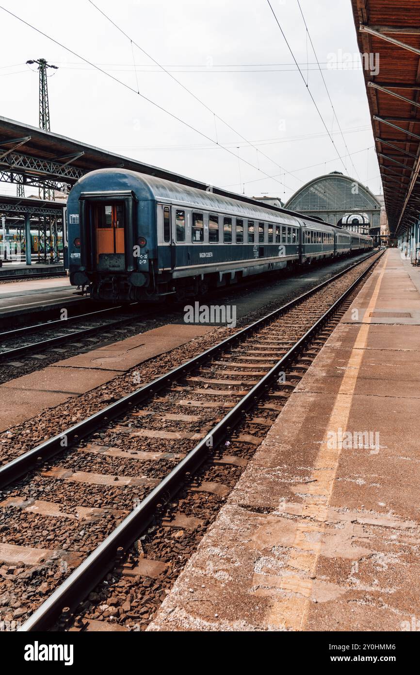 Typical blue and white train carriages at Budapest Keleti station on a ...