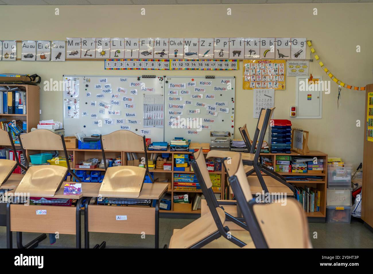 Classroom of a fourth grade, after school, the building is older but in ...