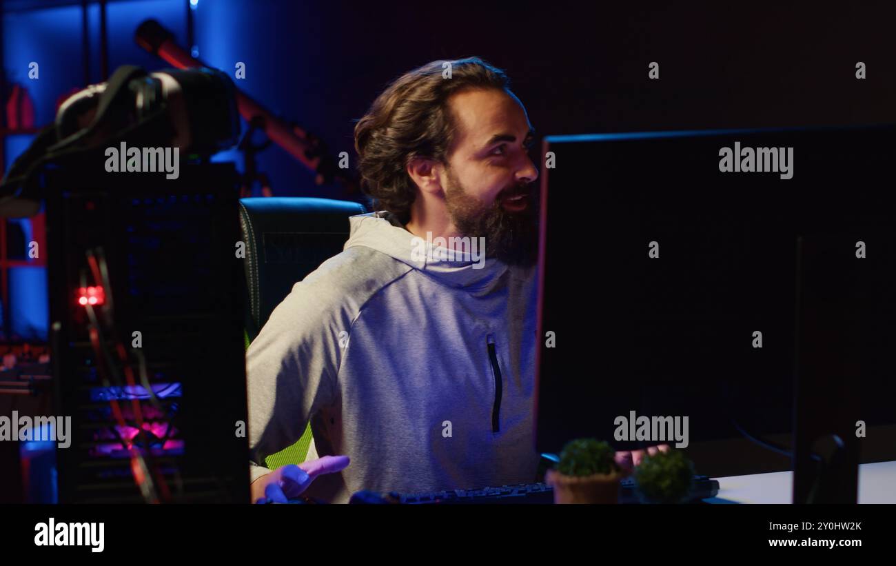 Streamer arriving in studio, ready to start streaming for online ...