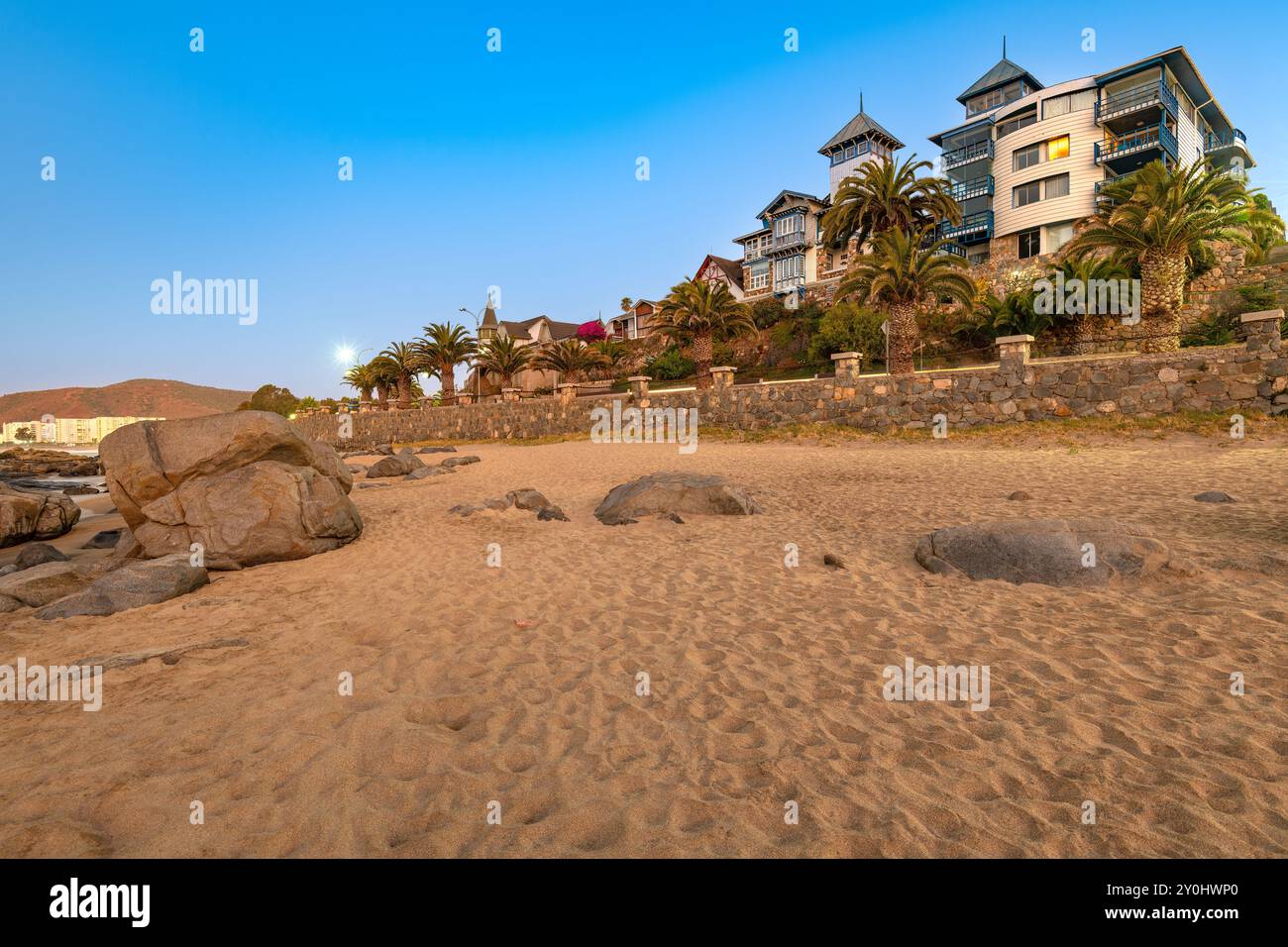Dusk settles over the quaint seaside town of Papudo highlighting it's ...