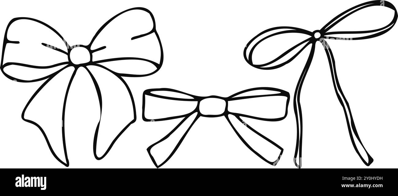 Black and white outline drawing of three different vector bows. Ideal ...