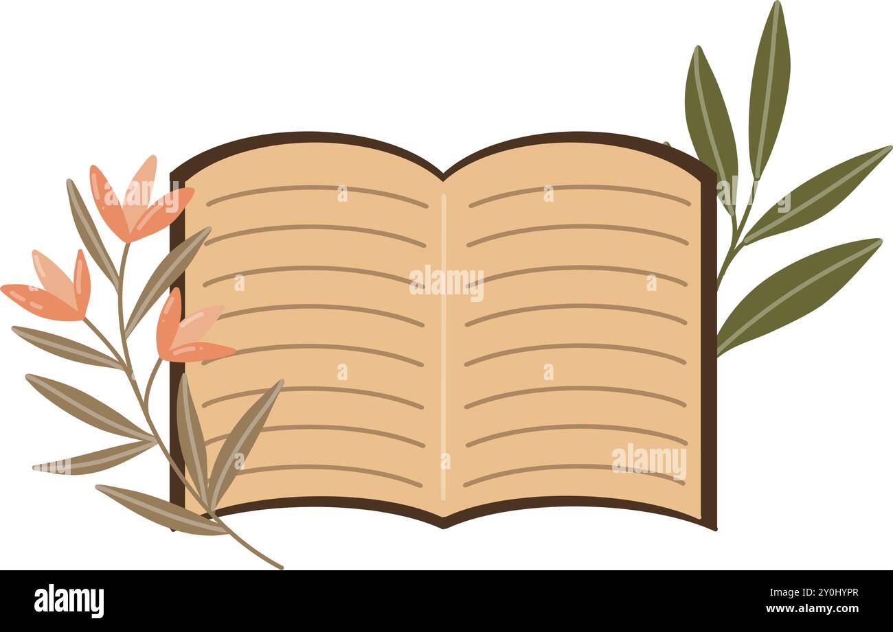 Vector Illustration of an open book with lined pages, adorned with ...
