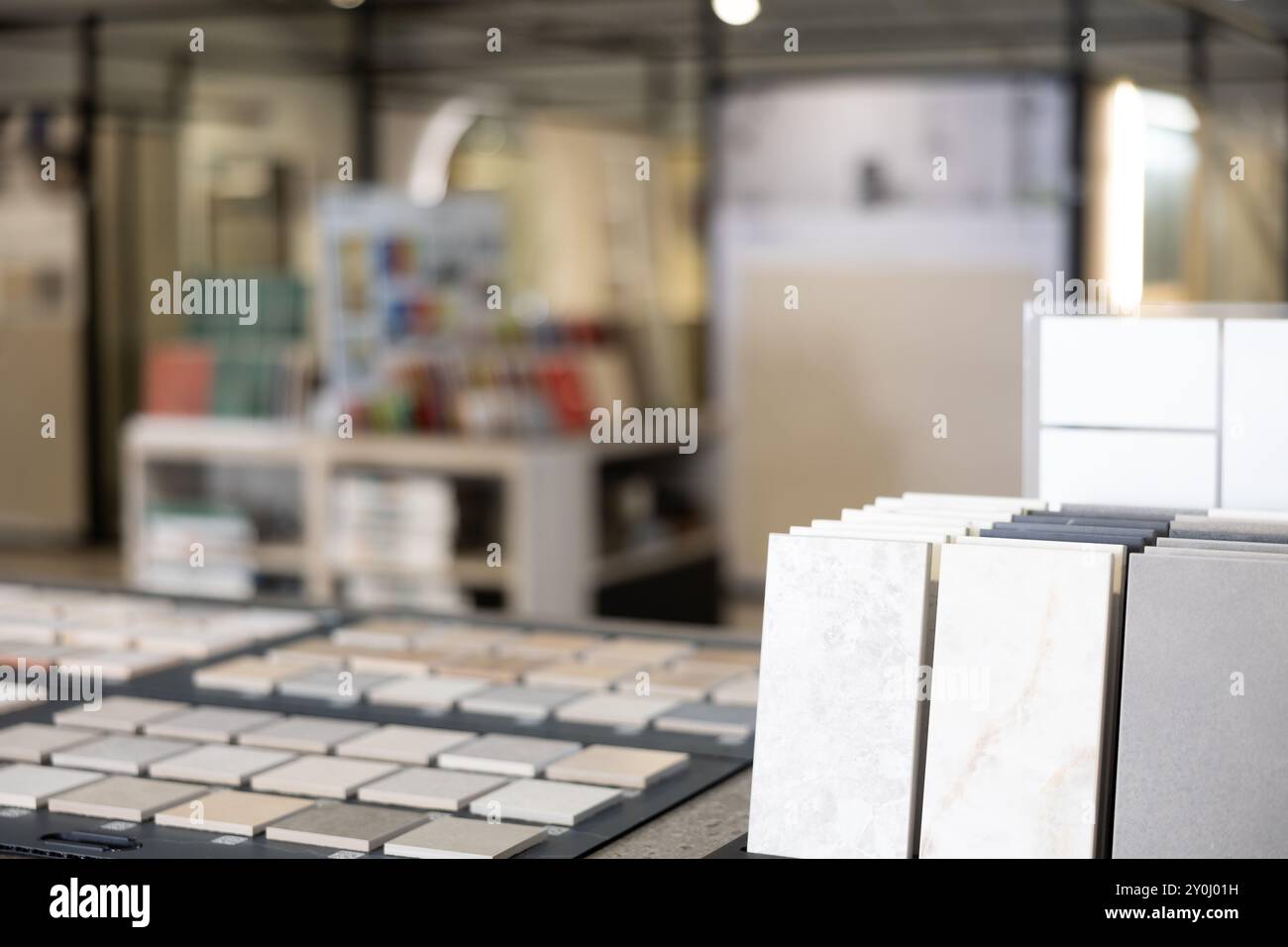 Assorted tile samples presented on display boards in store Stock Photo ...
