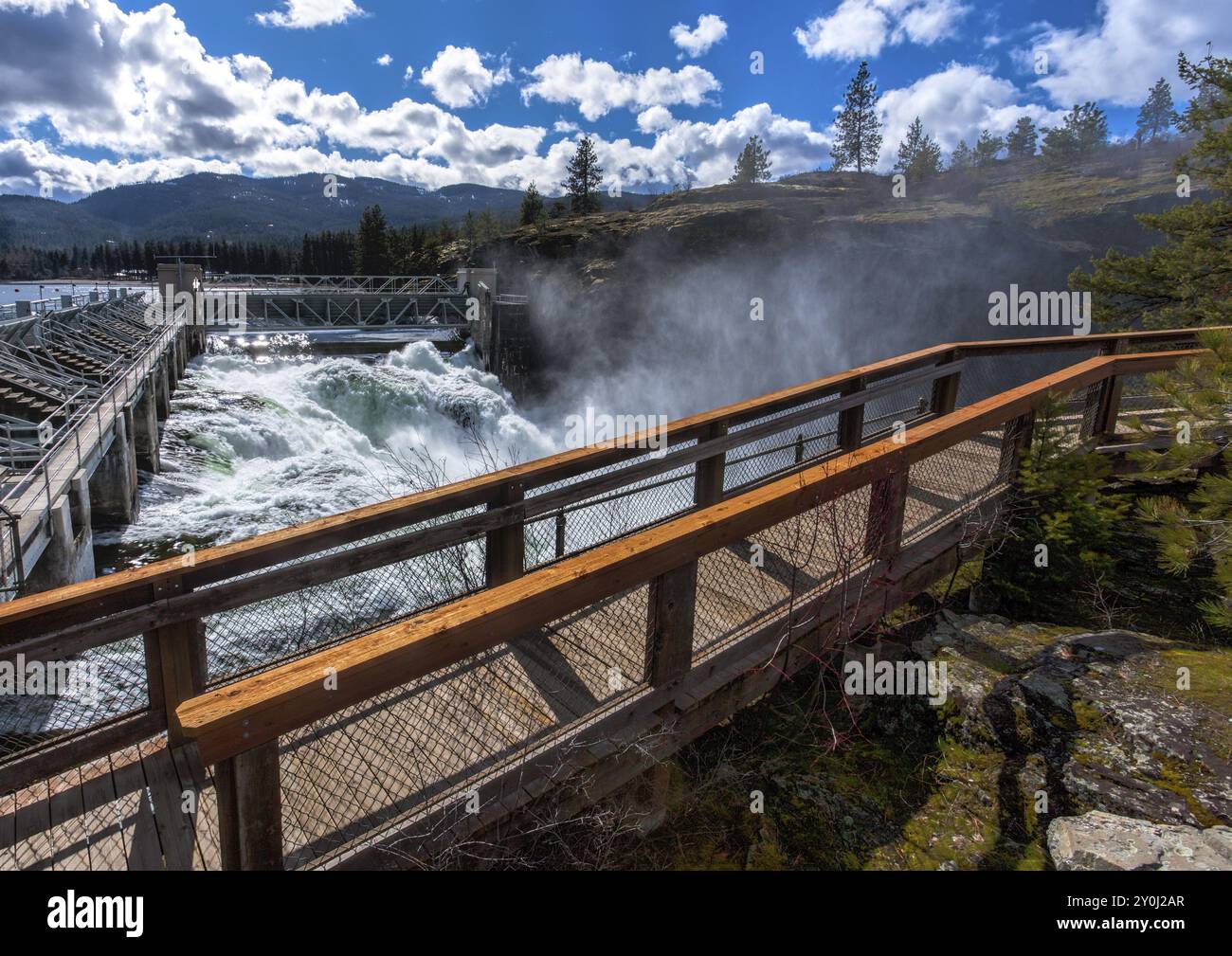The scenic overlook and walkway over the Post Falls Dam in Idaho Stock ...