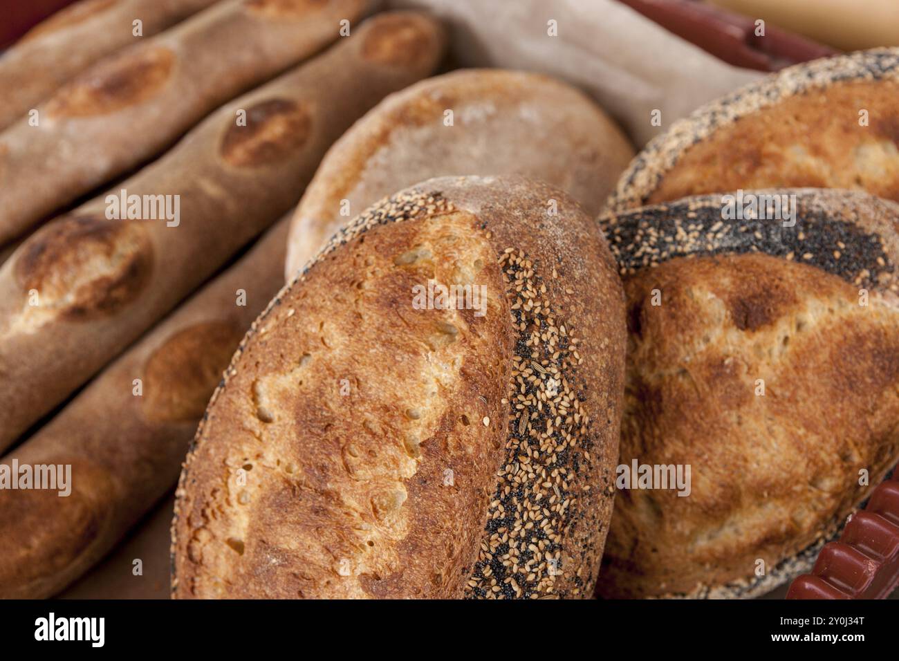 Various loaves of home made bread on display at a market Stock Photo ...
