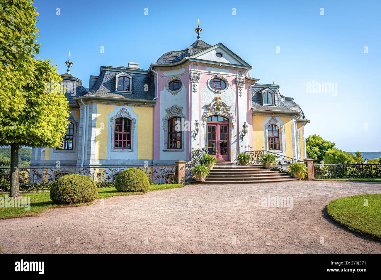 The rococo castle of the Dornburg Castles with well-tended gardens ...