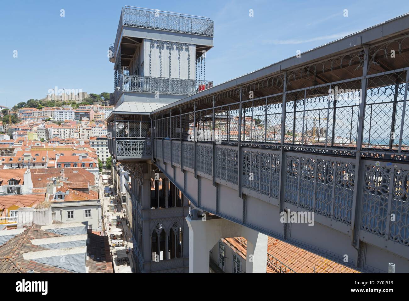 Detailed view of the Elevador de Santa Justa and view of Lisbon ...