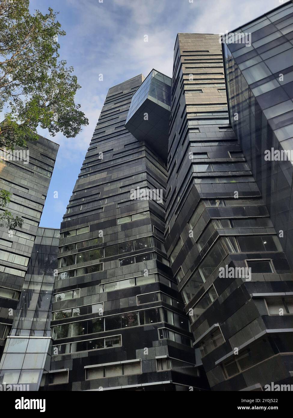 Unique Modern eco-friendly glass architecture facade and green trees ...