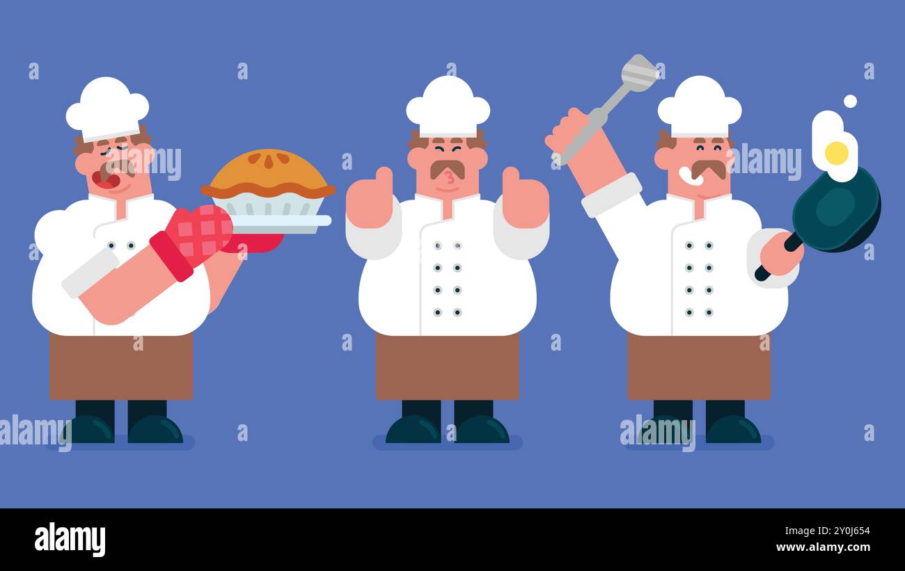 Collection of cartoon man preparing food, restaurant cook chef with hat ...
