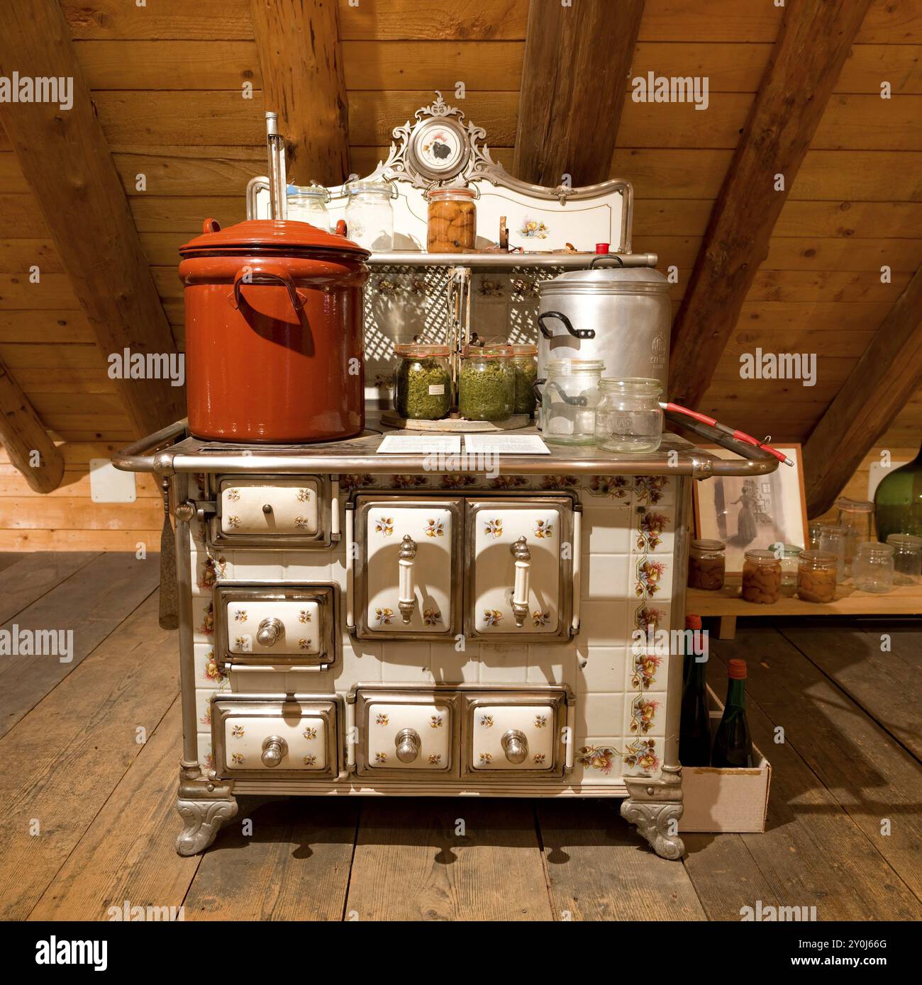 Old cooker with preserving kettle Stock Photo - Alamy