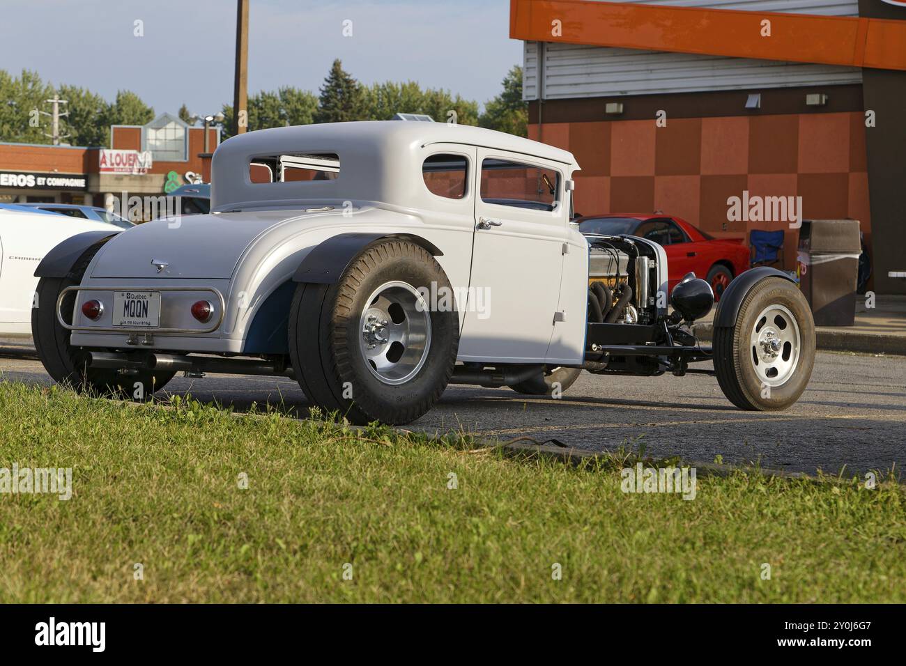 Automobile, car show, custom made vintage car with open engine display ...