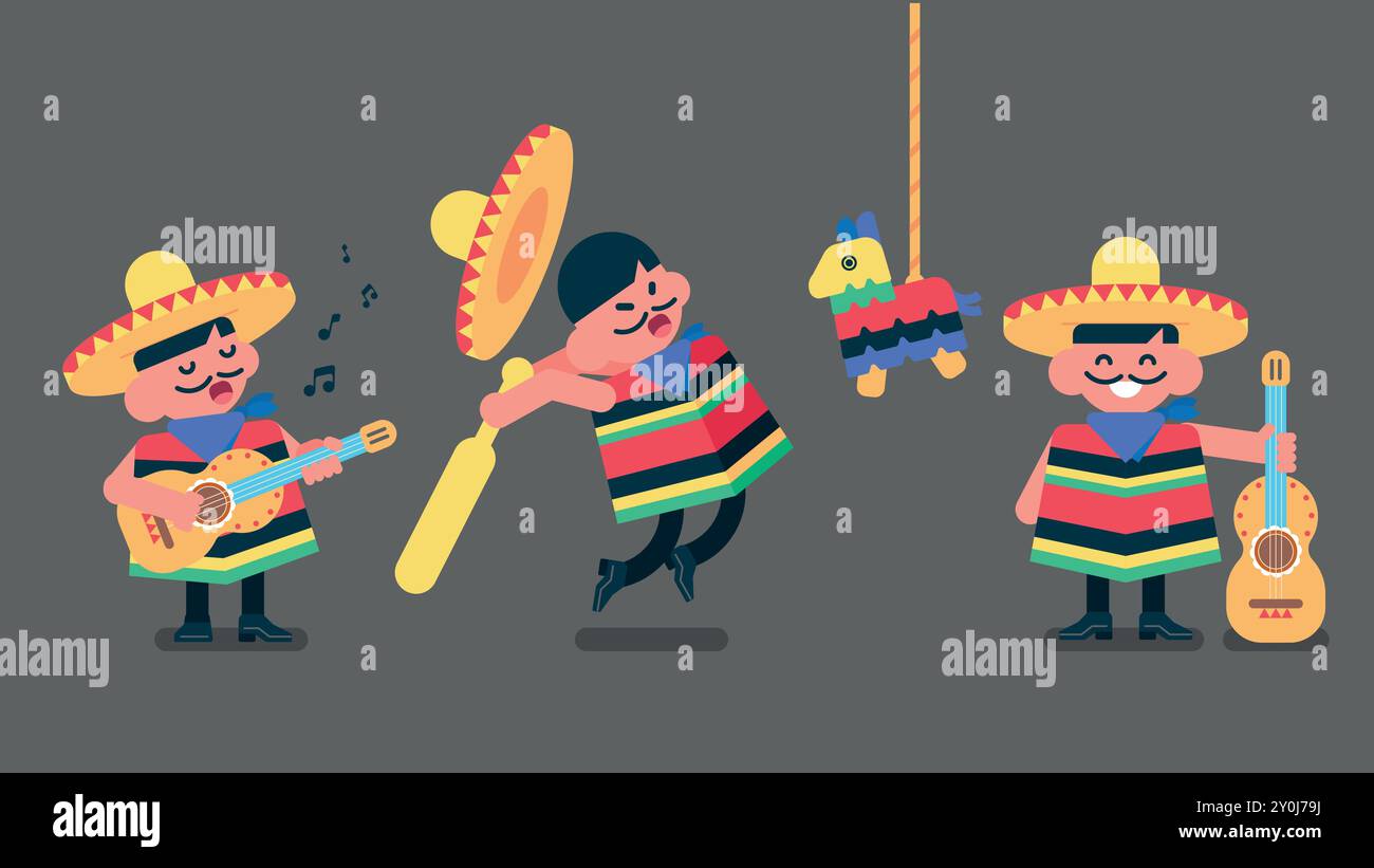 Happy flat mexican musician play guitar and sing traditional songs ...