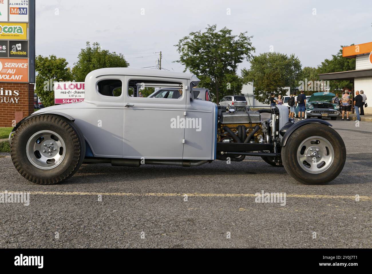 Automobile, car show, custom made vintage car with open engine display ...