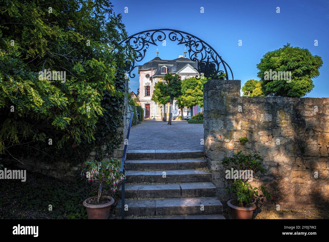Stone gate entrance leads to the rococo castle of the Dornburg Castles ...
