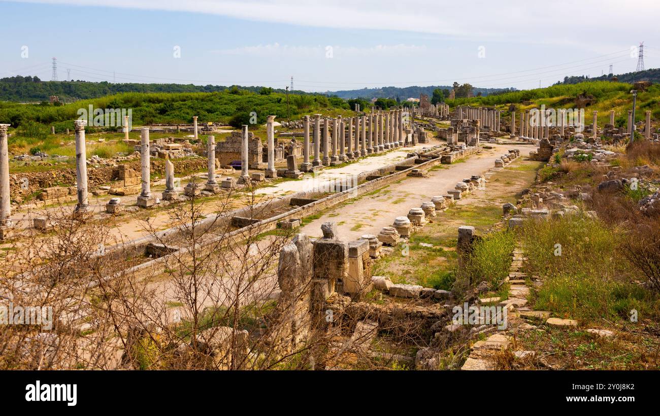 Column Street in Perge. Ruins of the ancient city. The main street of ...