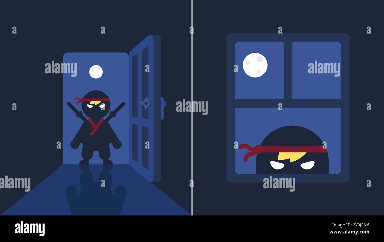 Mini ninja with traditional suit, Standing in the dark and opening the ...