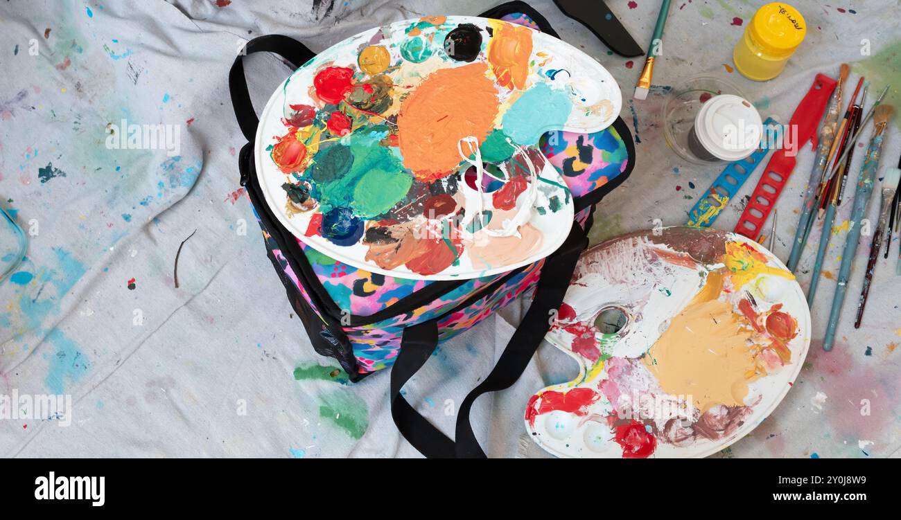 Artist color mixing palette and various tools used including brushes ...