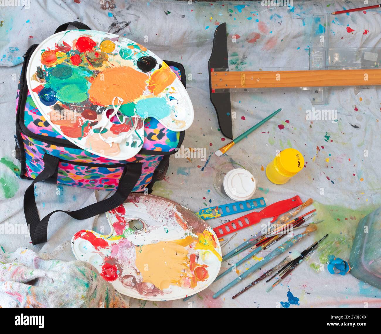 Artist colour mixing palette with various tools used including brushes ...