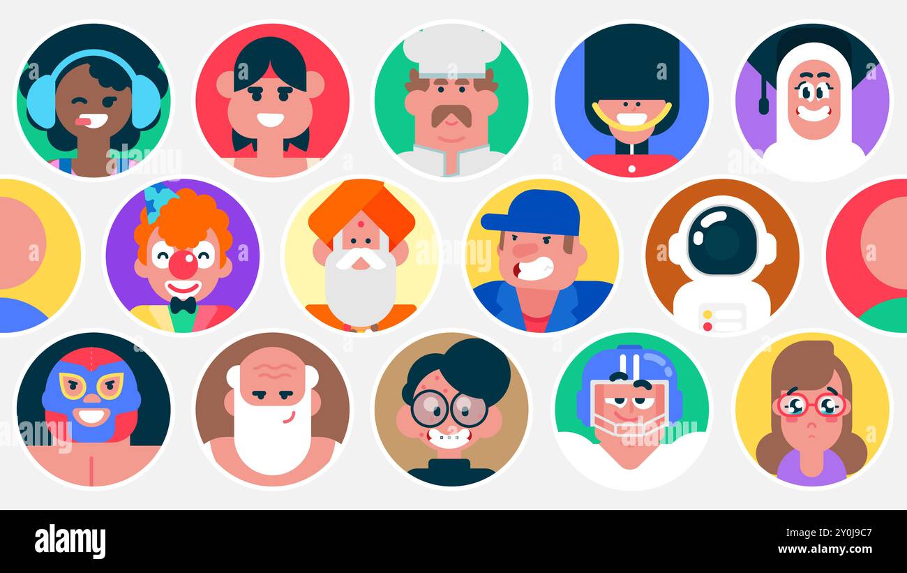 User icons of men and women of different nationalities on multicolor ...