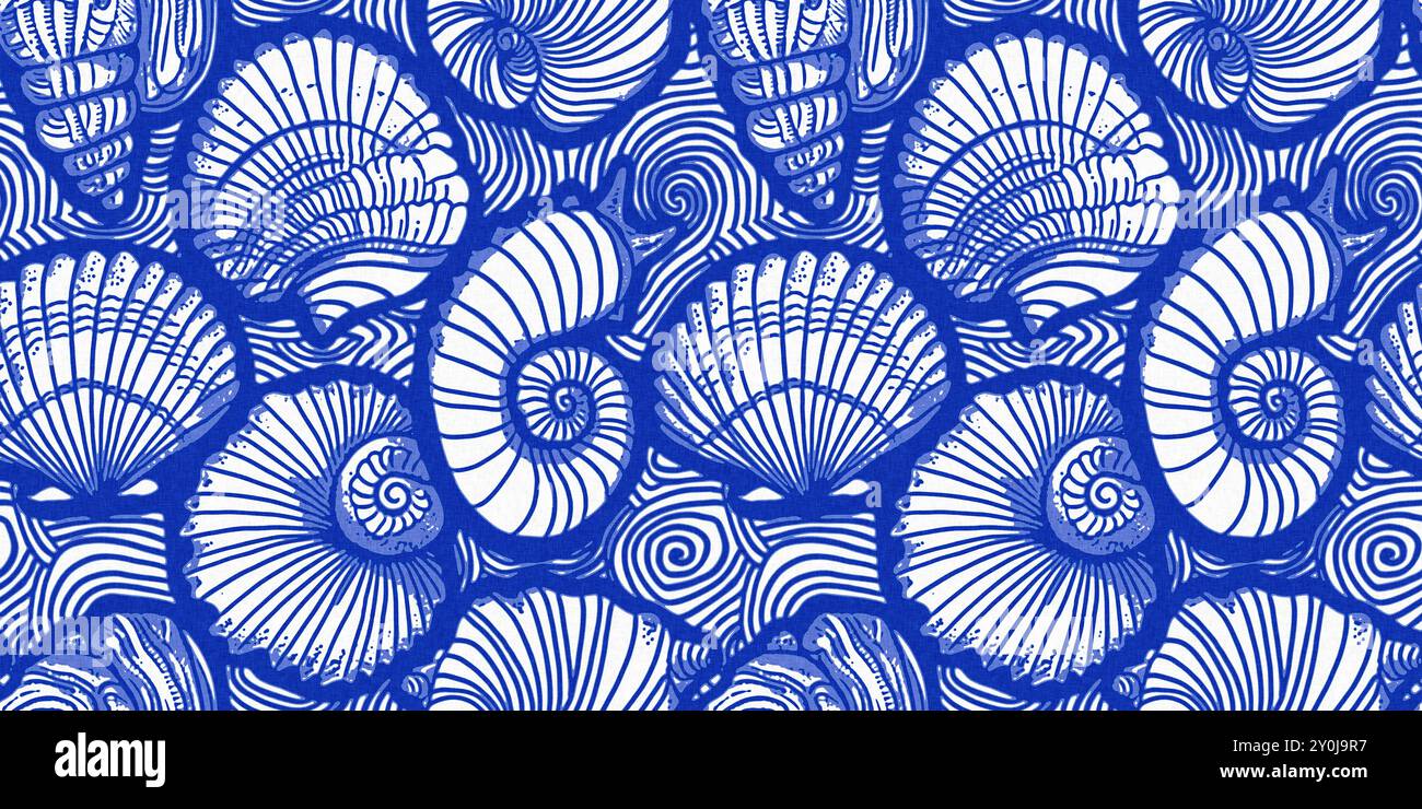 Azure blue white shell motif with linen seamless batik border ...