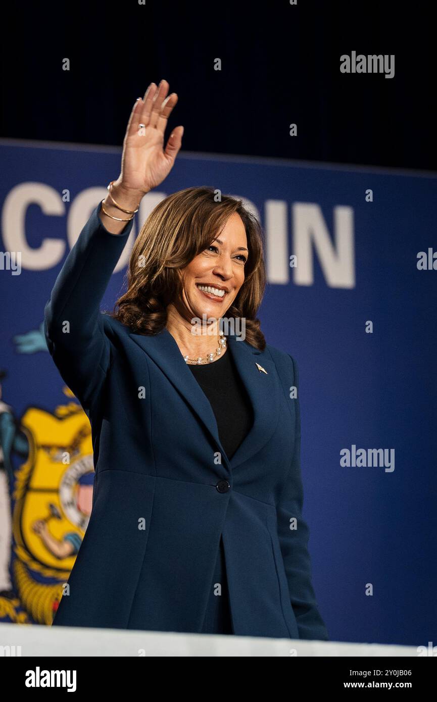 Vice President Kamala Harris waves to the crowd before speaking at a ...