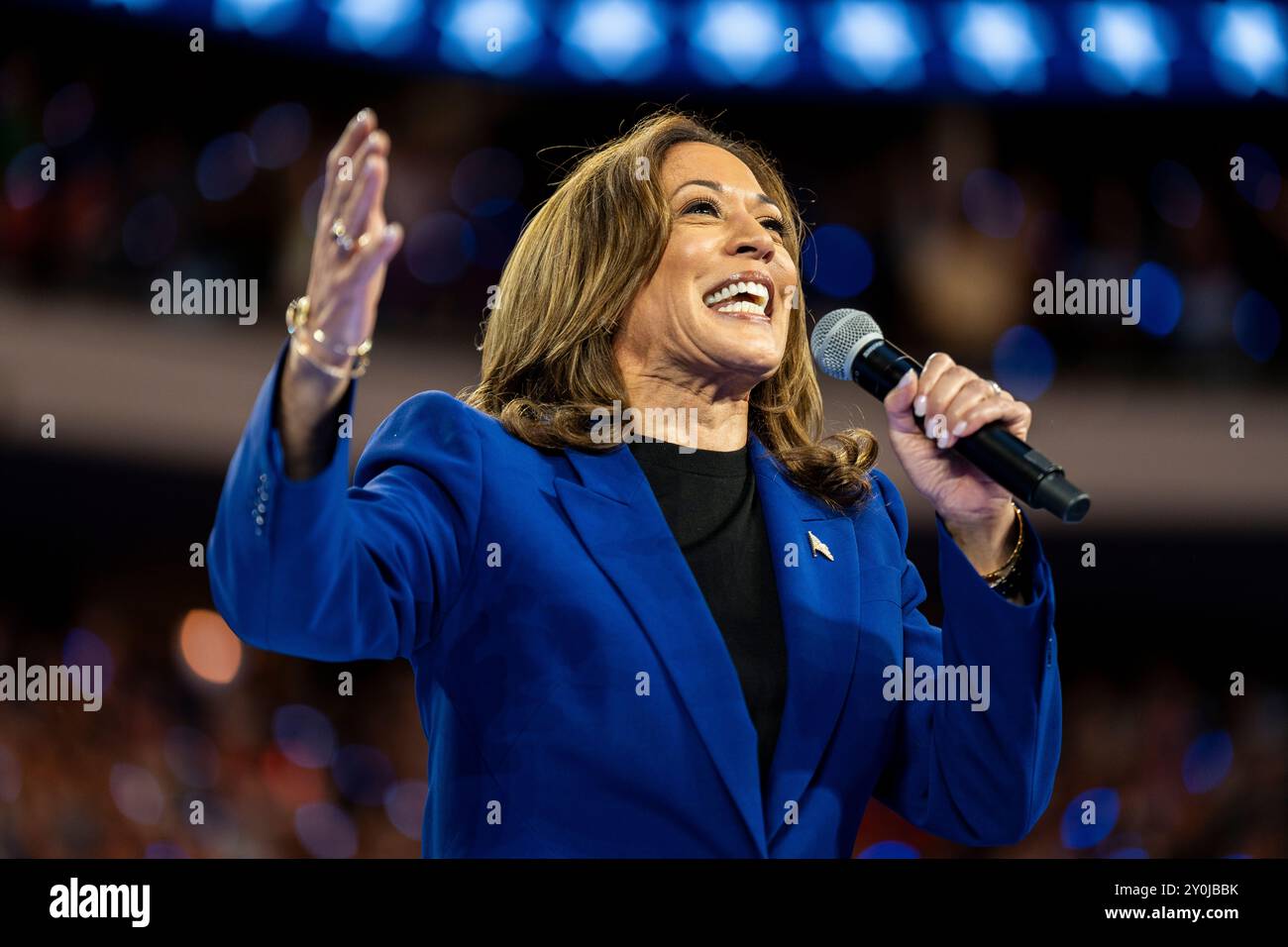 Vice President Kamala Harris speaks at a campaign rally to a crowd of ...