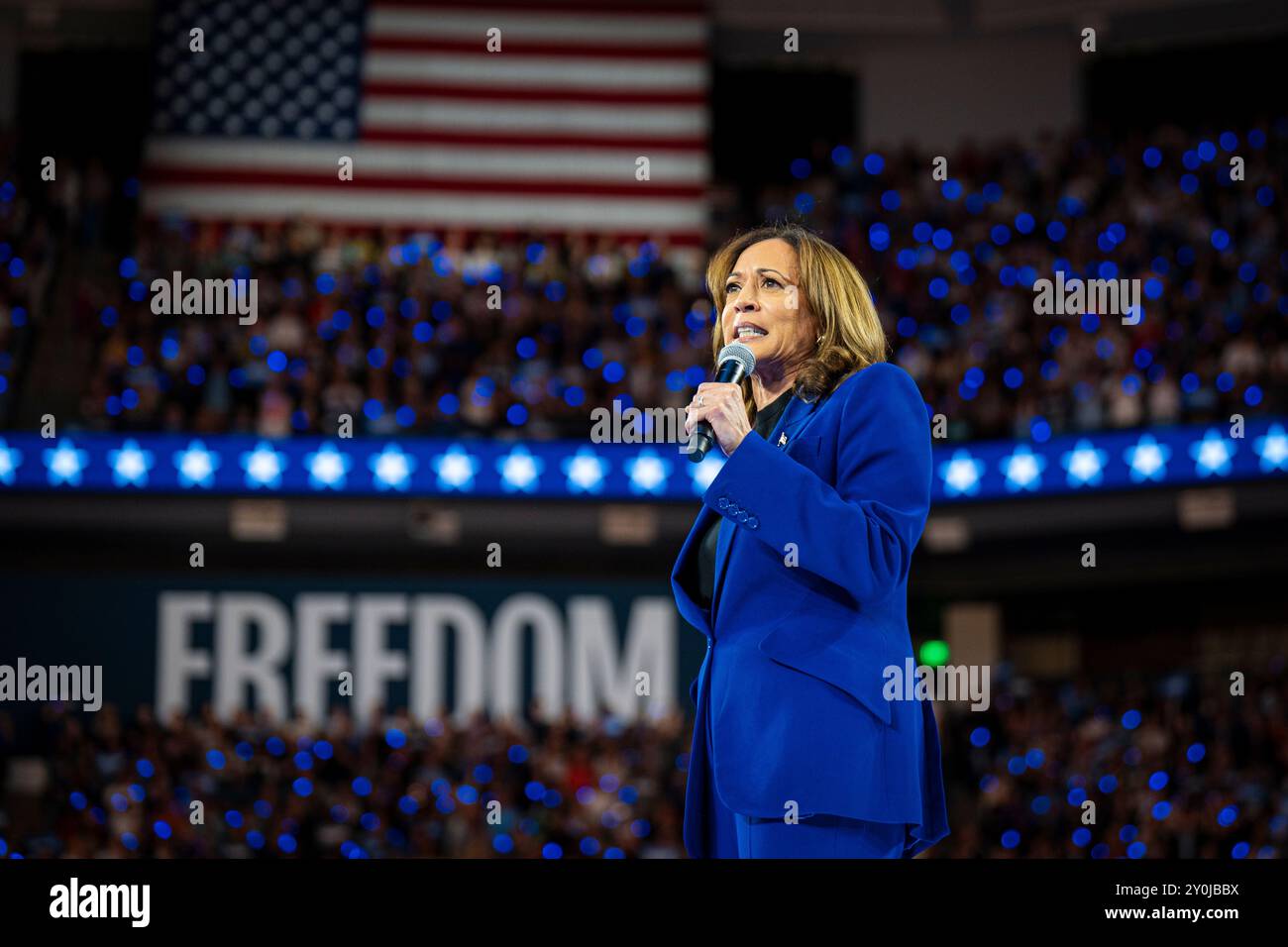 Vice President Kamala Harris speaks at a campaign rally to a crowd of ...