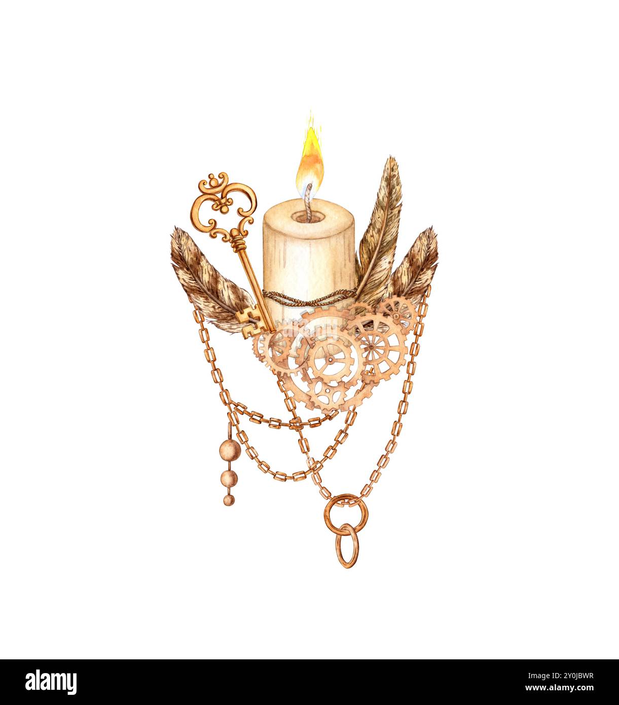 Candle with feathers, key, chains, pendants, gears in steampunk style ...