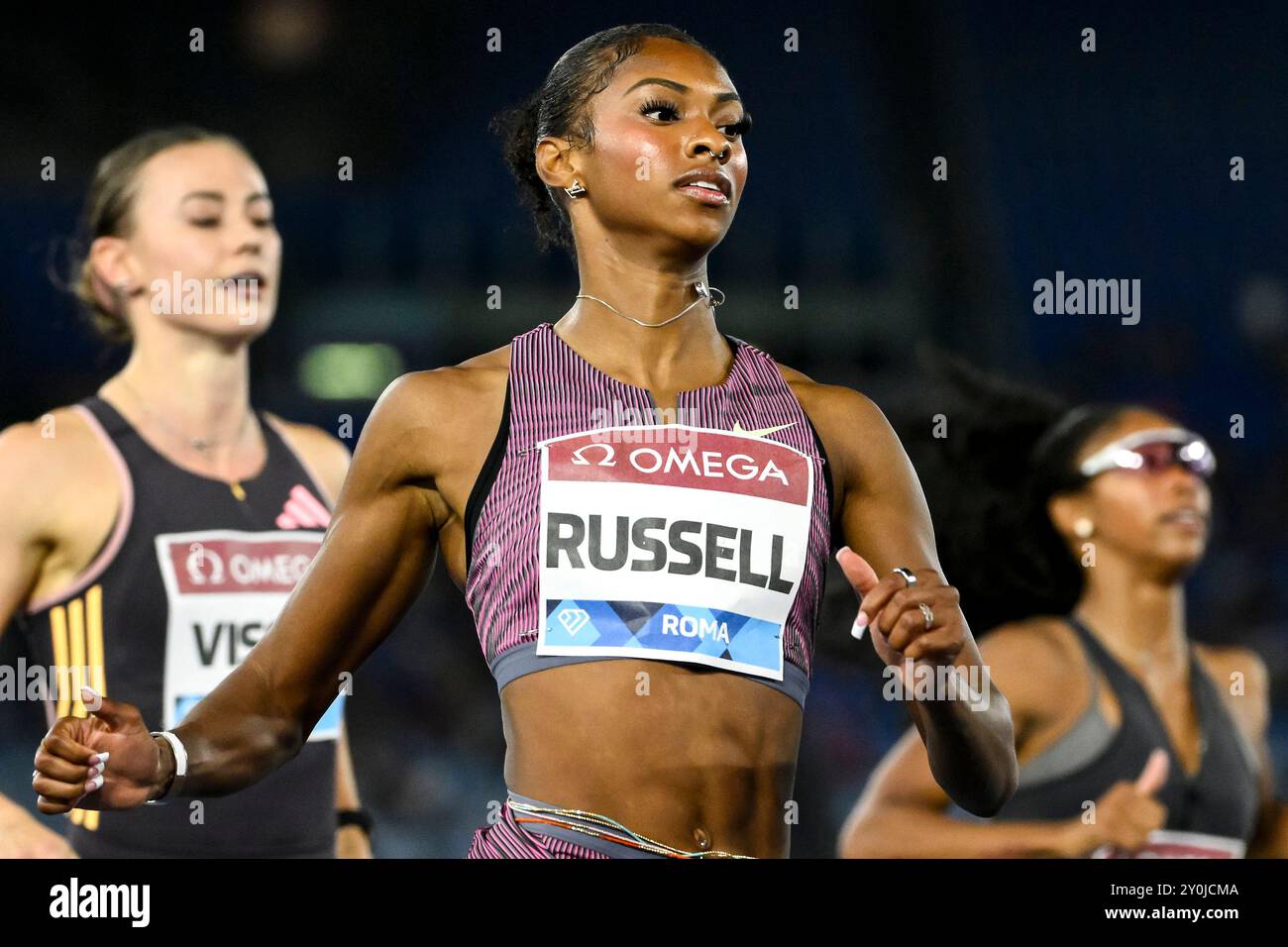 Masai Russell of United States of America reacts after competes in the ...