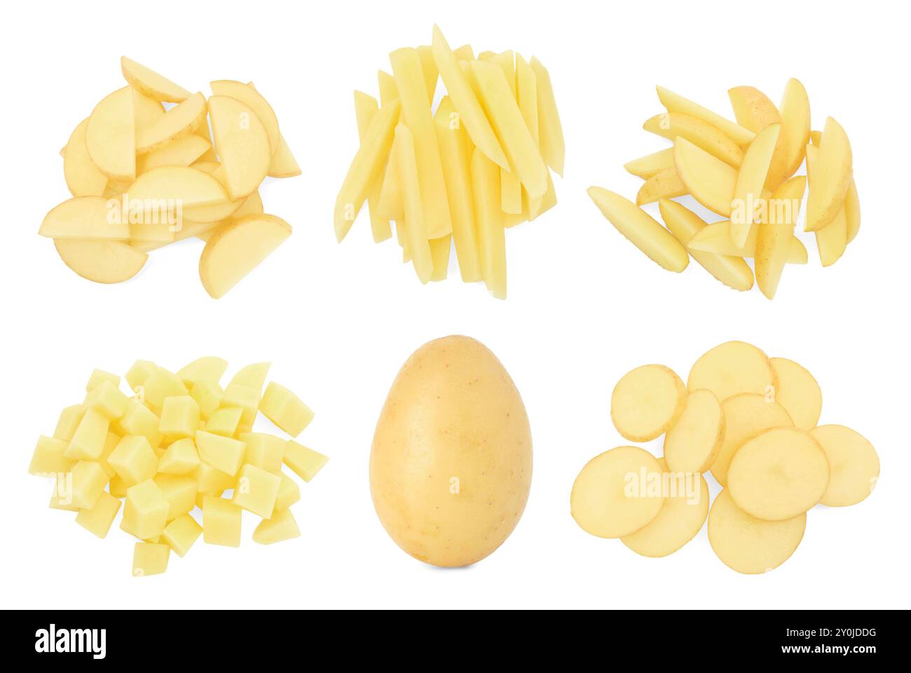 Fresh potatoes isolated on white, set. Different types of cuts and ...