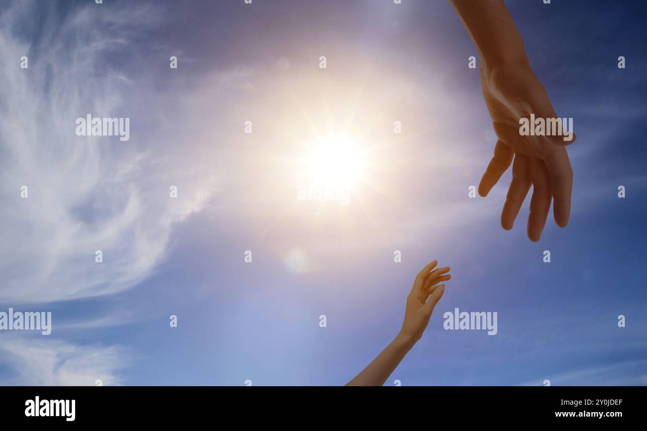 God's help and support. Human reaching for hand from heaven Stock Photo ...
