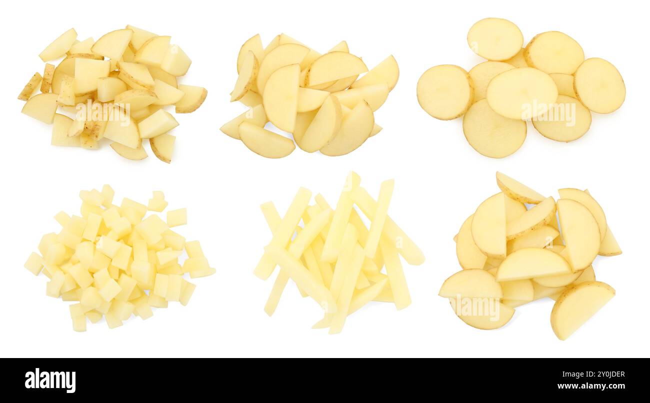 Potatoes sliced in different ways isolated on white, set Stock Photo ...