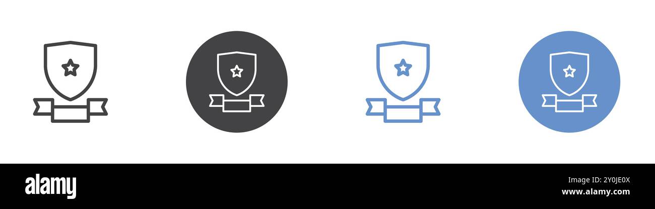 Shield star banner Flat set in black and white color outline vector ...