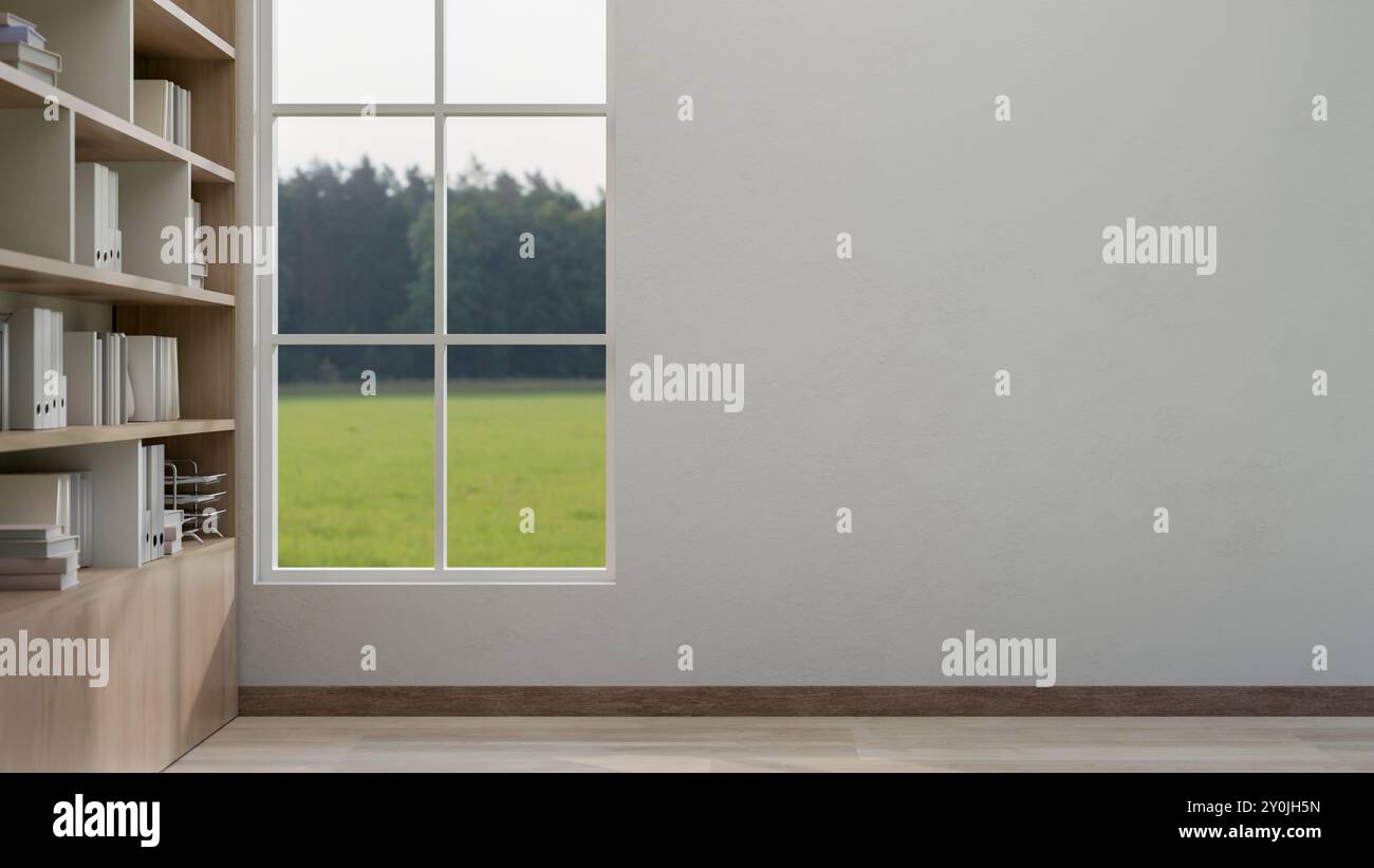 The interior design of a simple, empty room features a large bookshelf ...