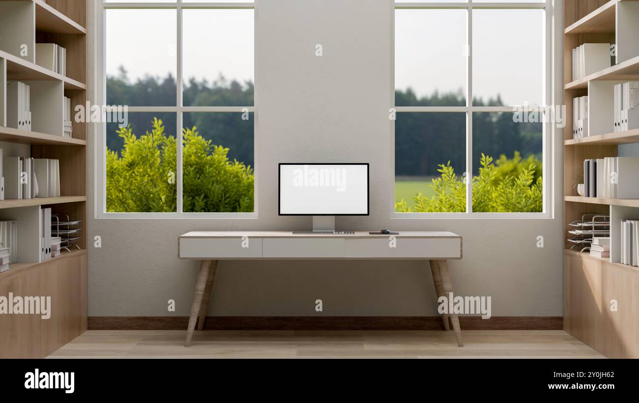A front view of a contemporary, minimalist private office workspace ...