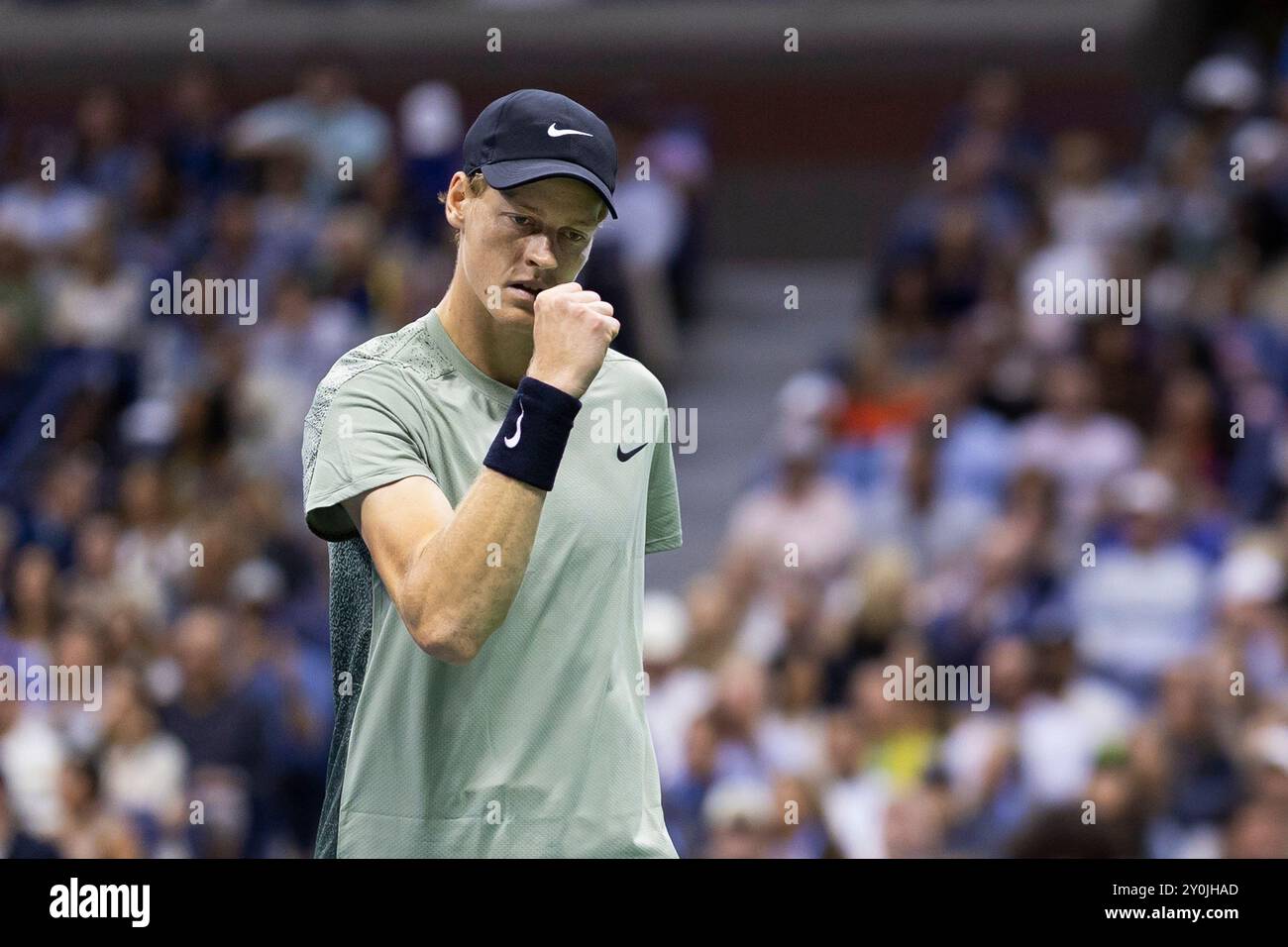 Flushing Meadow, United Stated. 02nd Sep, 2024. Jannik Sinner of Italy reacts during his match ...
