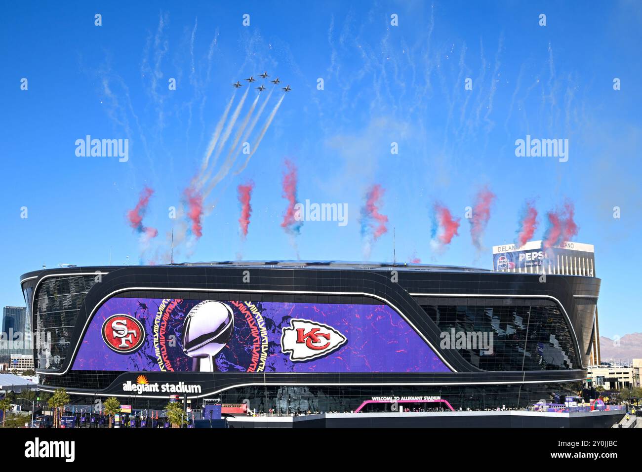 The U.S. Air Force Thunderbirds flyover Allegiant Stadium prior to ...