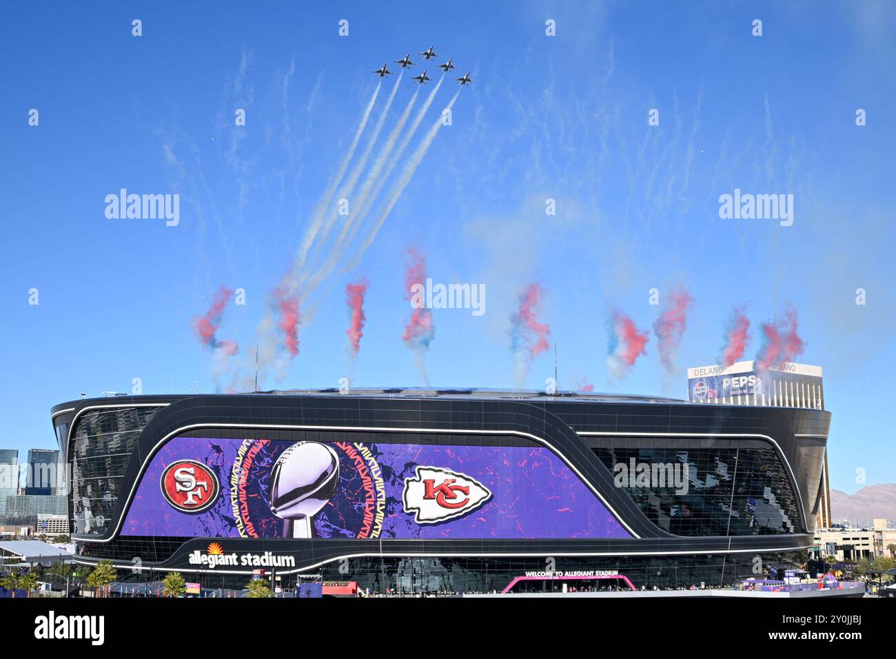 The U.S. Air Force Thunderbirds flyover Allegiant Stadium prior to ...