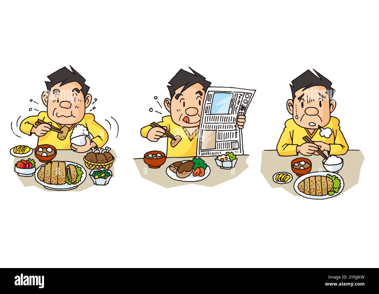 Life of middle aged man, binge eating, eating while doing other things ...