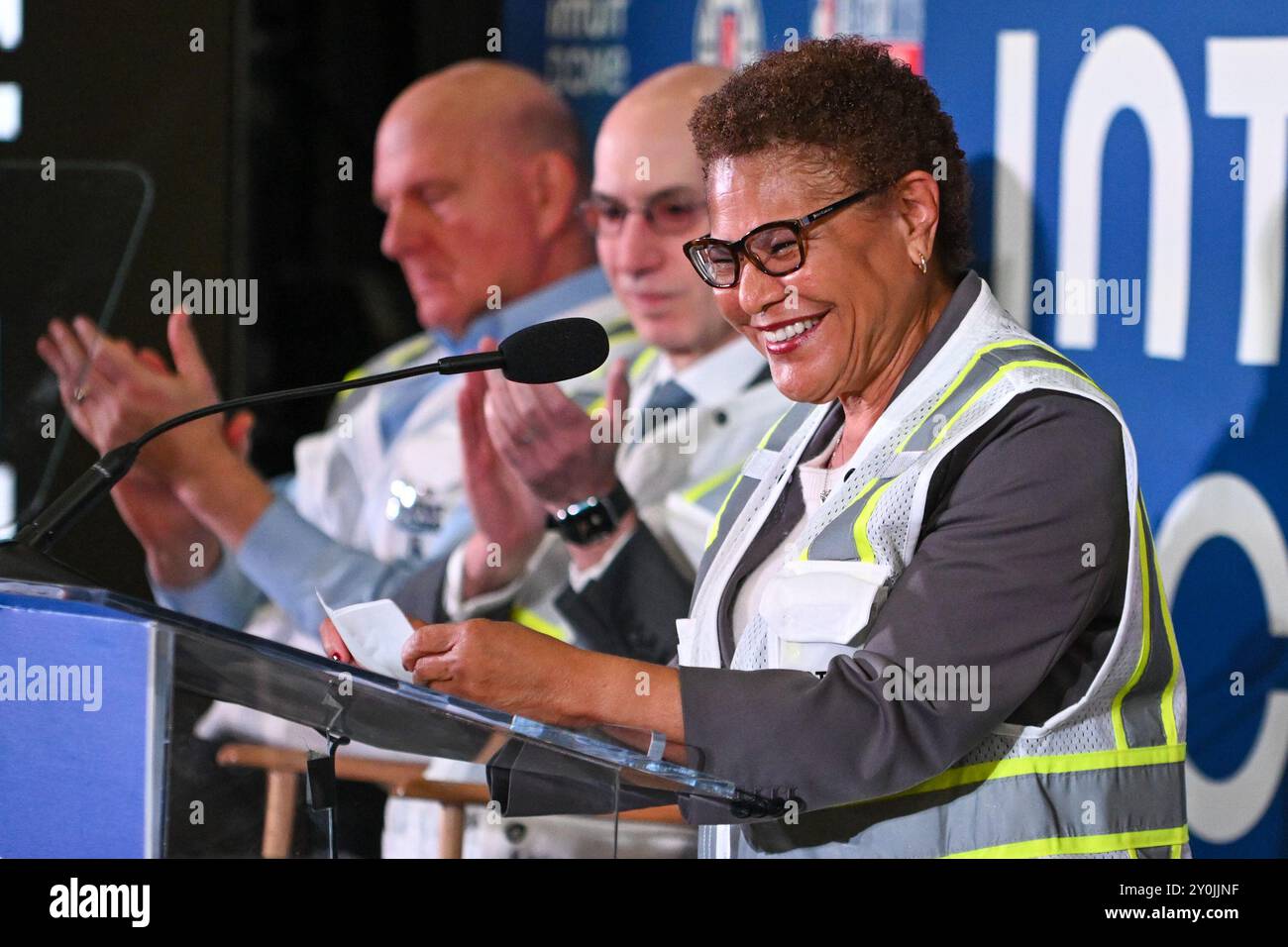 Mayor of Los Angeles Karen Bass during a press conference at the Intuit Dome construction site ...