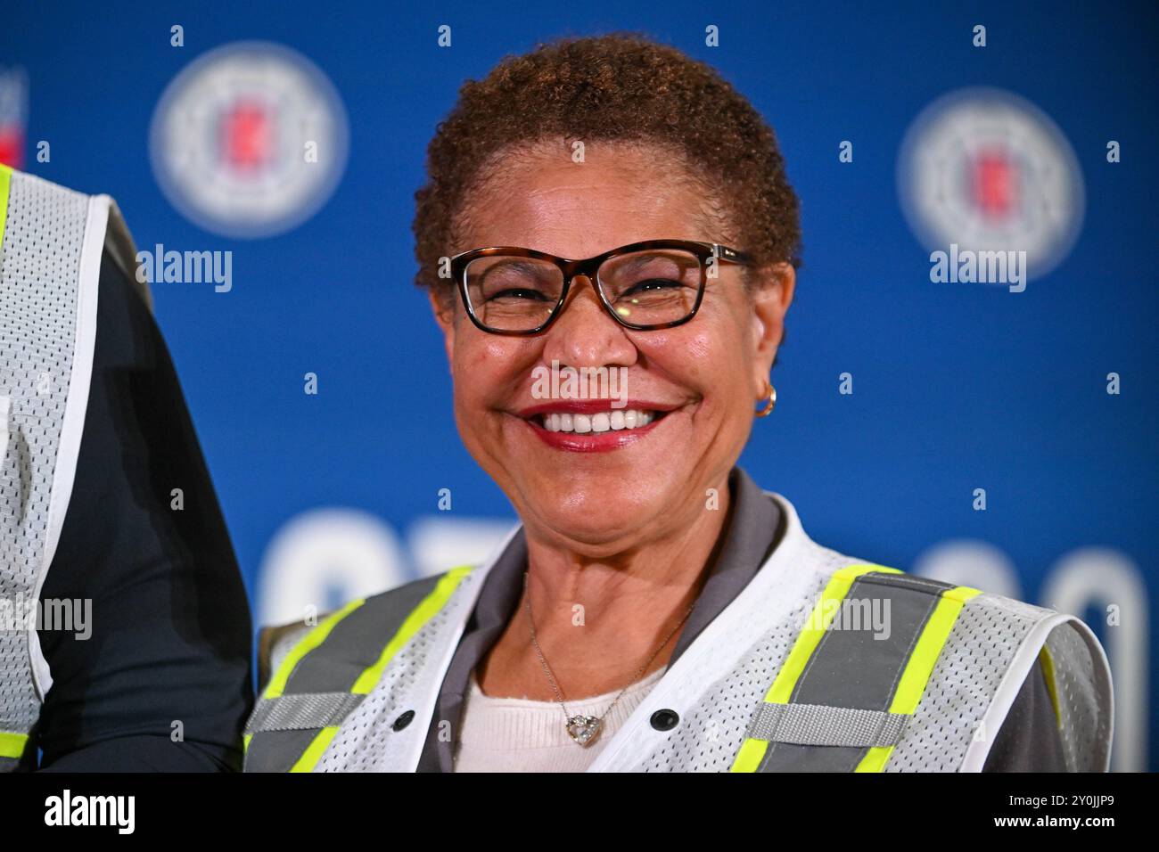 Mayor of Los Angeles Karen Bass during a press conference at the Intuit ...