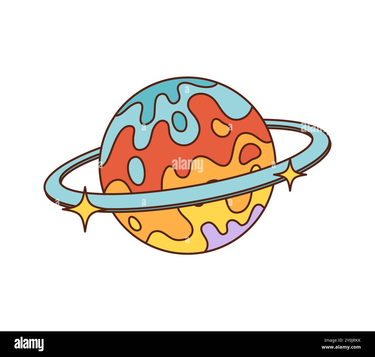 Cartoon retro planet in 70s or 80s hippie groovy art, vector symbol. Cartoon space Saturn planet ...