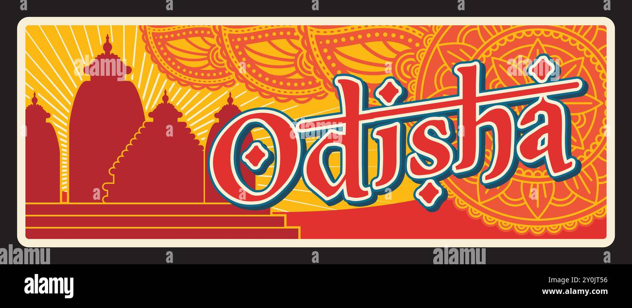 Odisha Indian state, India retro travel plate vintage banner. Vector ...