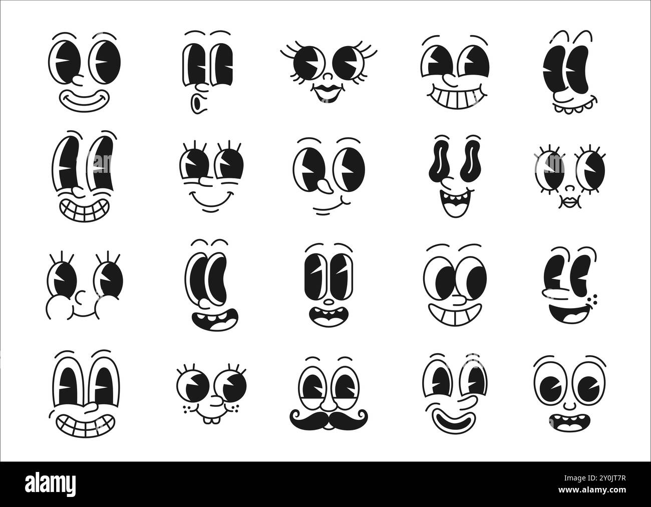 Cartoon comic groovy face, funny eye emotion and retro cute emoji ...