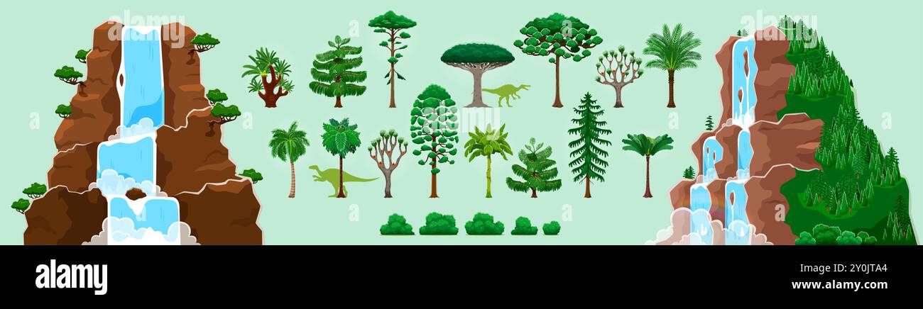 Cartoon jungle rainforest trees and palms, waterfall cascades, jurassic ...