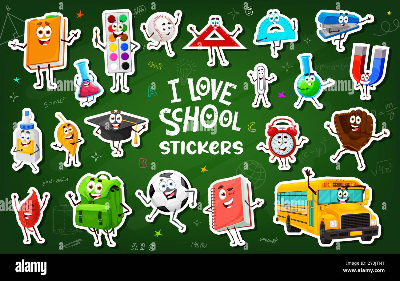 Cartoon school education characters stickers, vector funny stationery ...