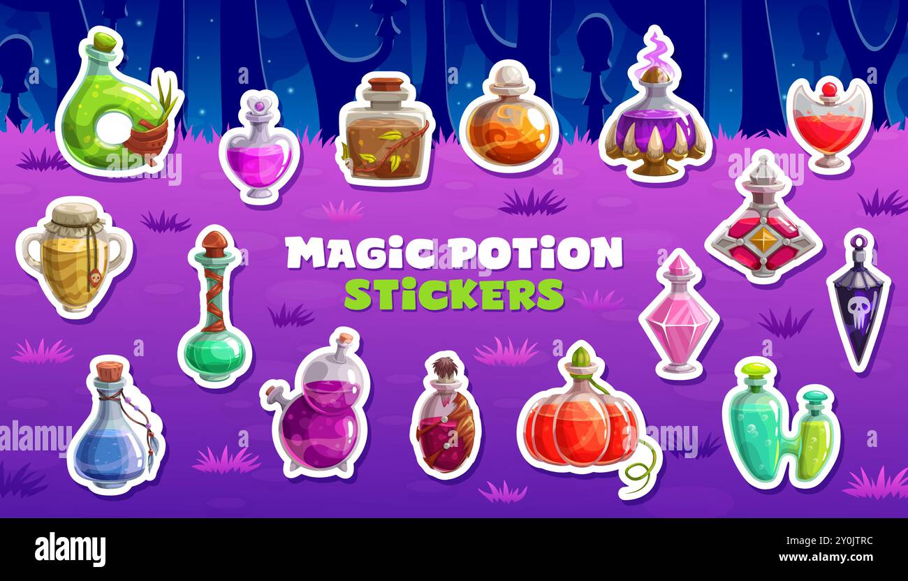 Cartoon witch Halloween magic potion bottle stickers pack, Vector ...